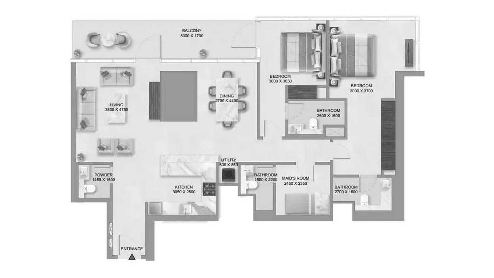 Apartment floor plan «2BR», 2 bedrooms, Sobha Skyparks | Emirates.Estate